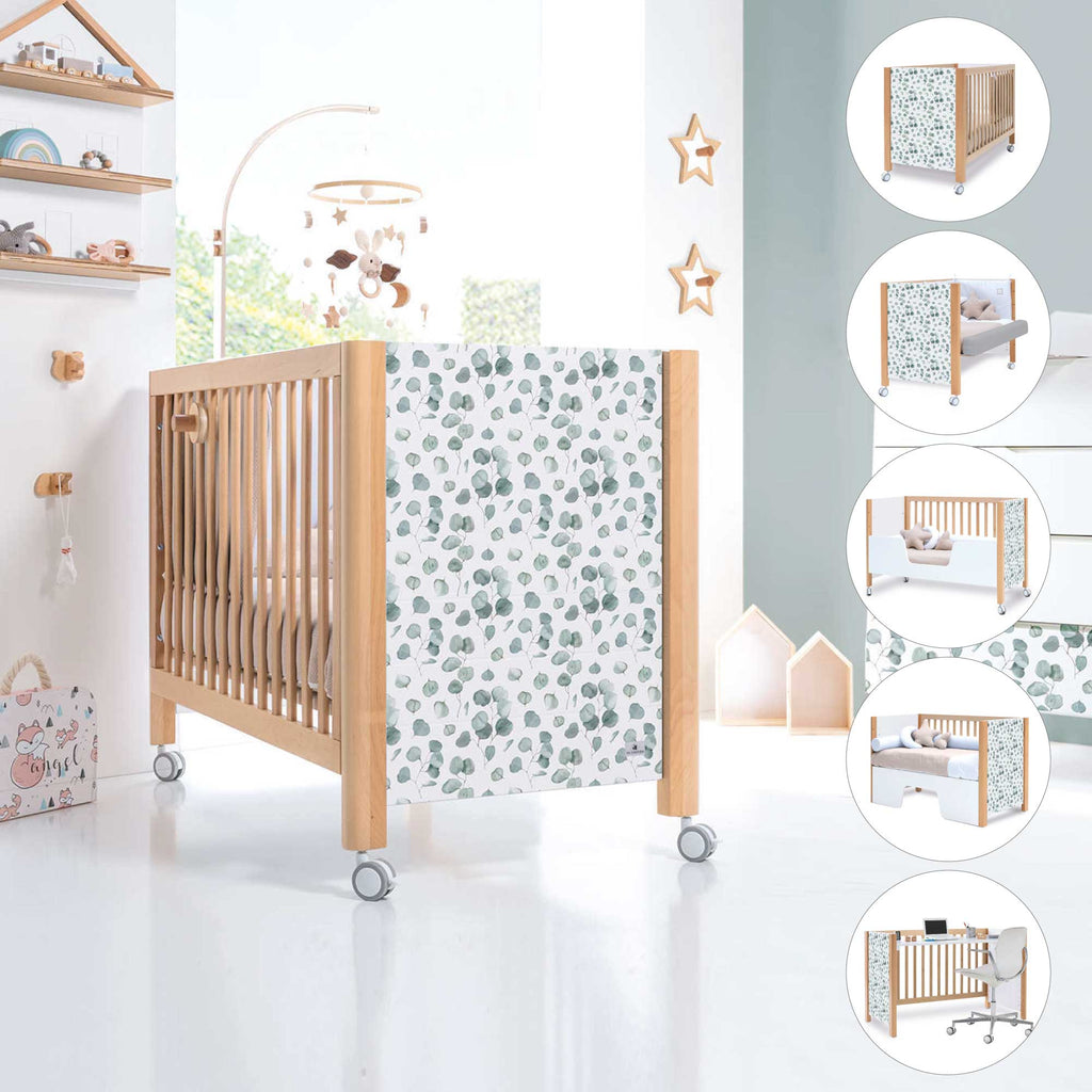Cot 60x120 cm in wood with eucalyptus leaf sticker on headboard