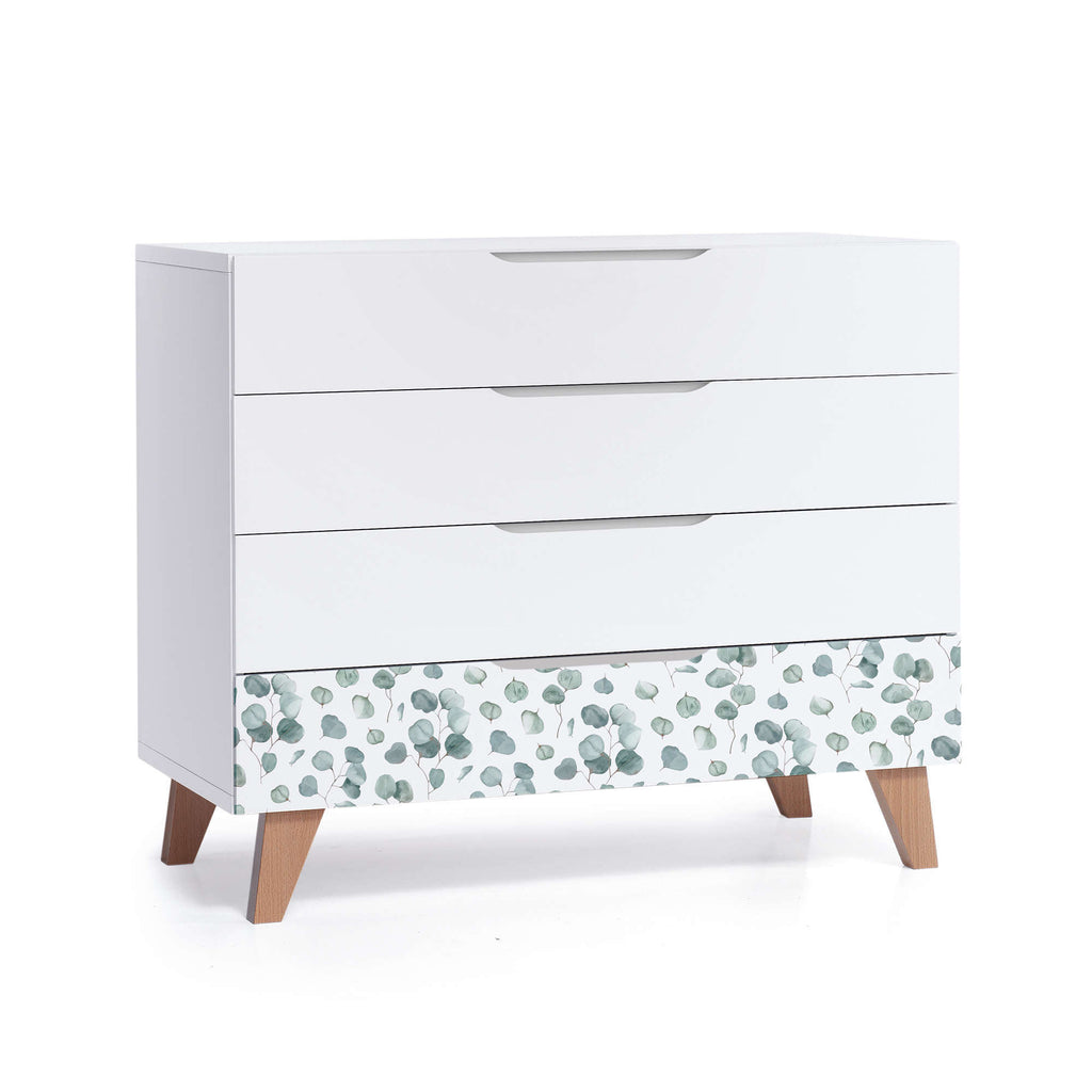 Cómoda infantil branco/madeira com vinil de folhas de eucalipto