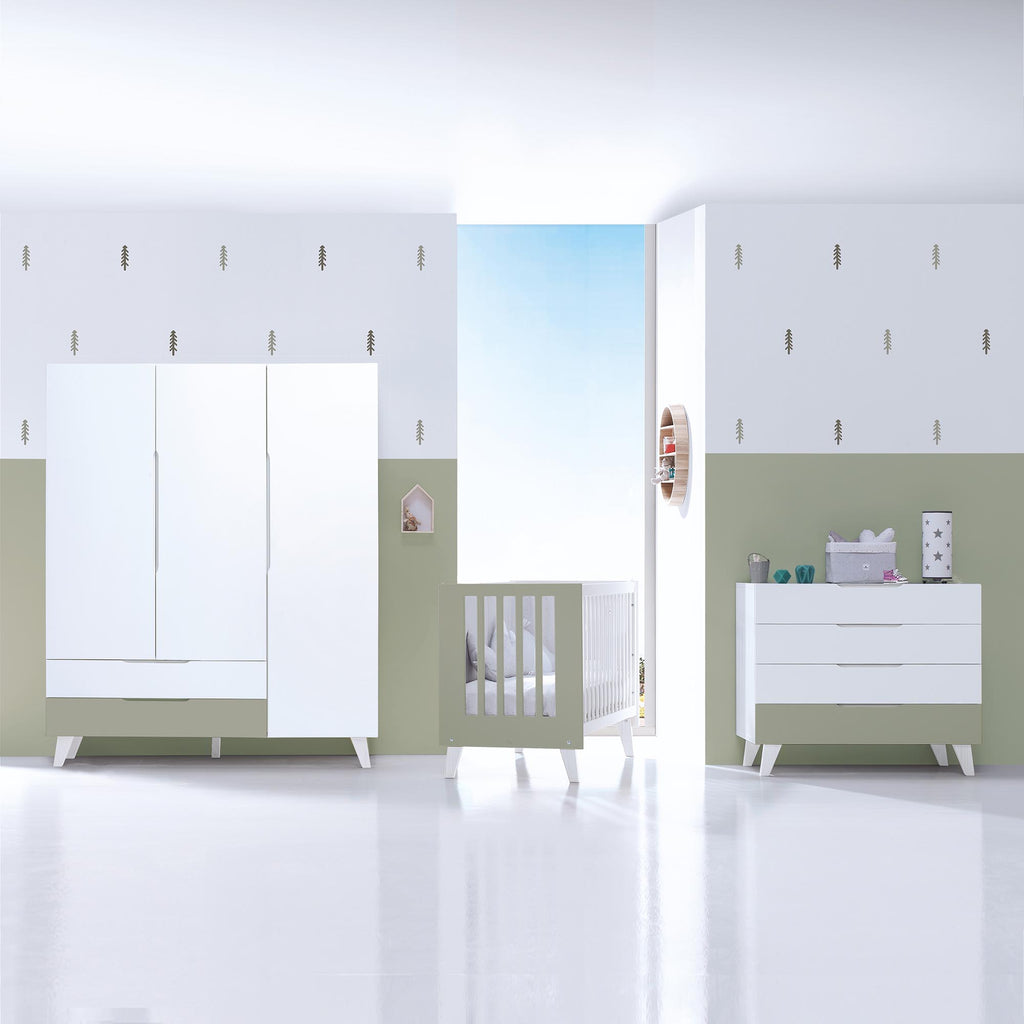 Large baby room in white and green-olive